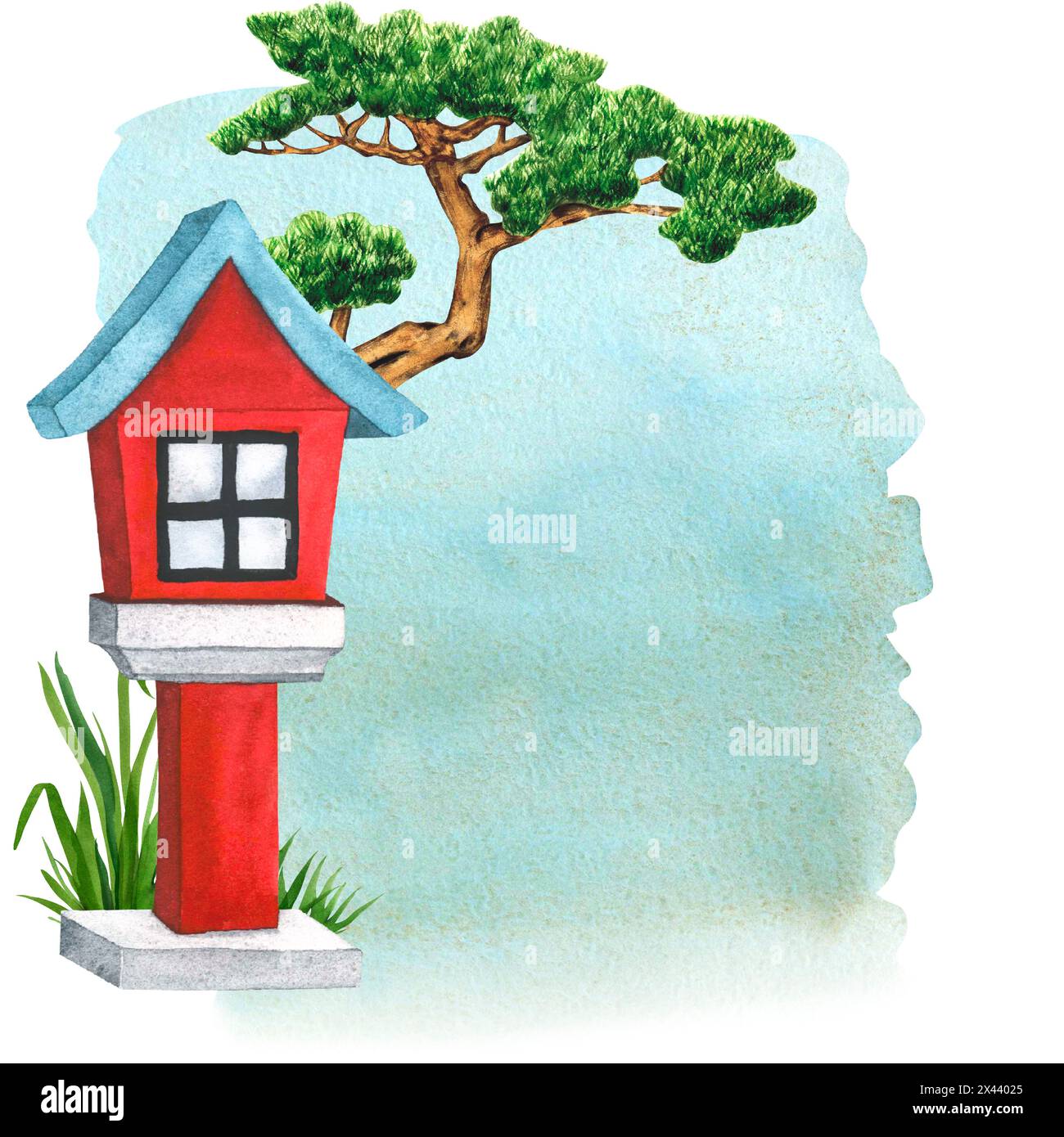 Red Wooden Lantern and Bonsai tree of Pine for the Japanese Garden ...