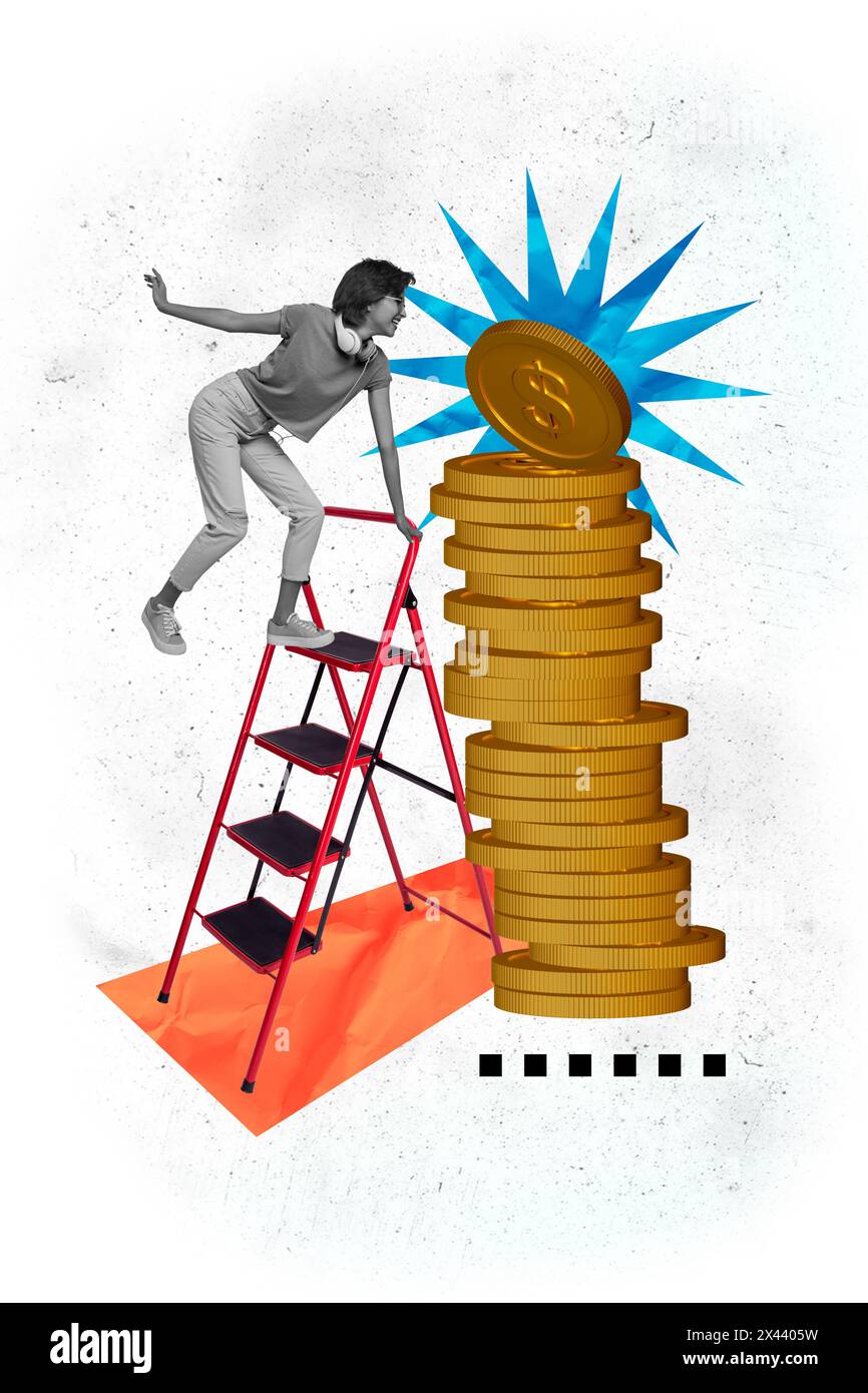 Vertical photo collage of happy busnesswoman climb ladder high gold ...