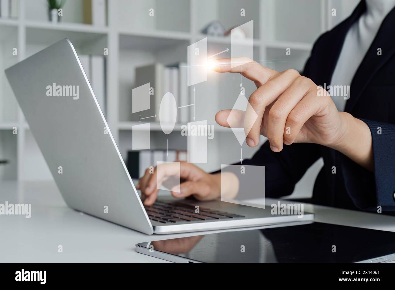 Business woman using a computer analysis for process and workflow ...