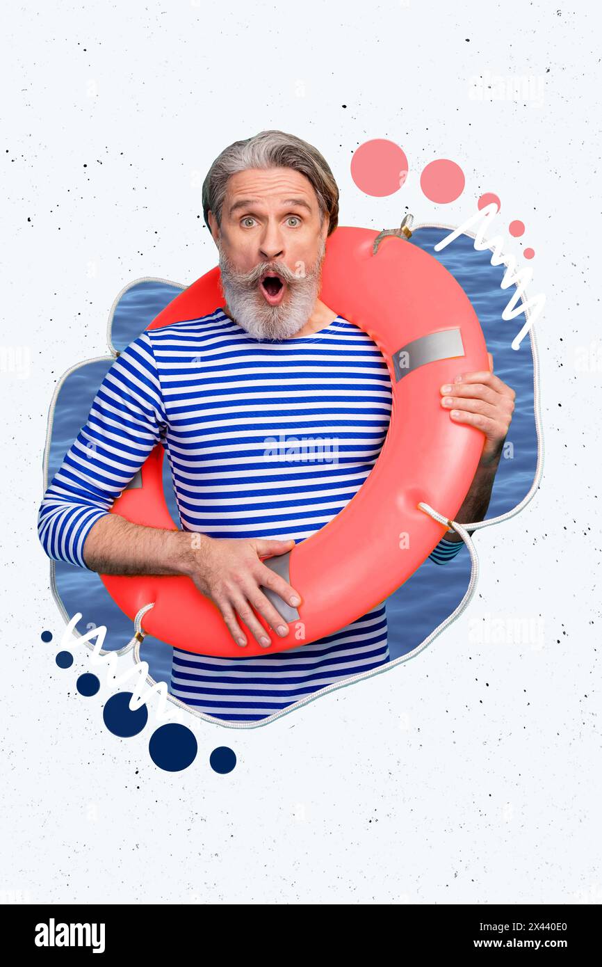 Vertical photo collage of astonished old man captain hold lifebuoy ...