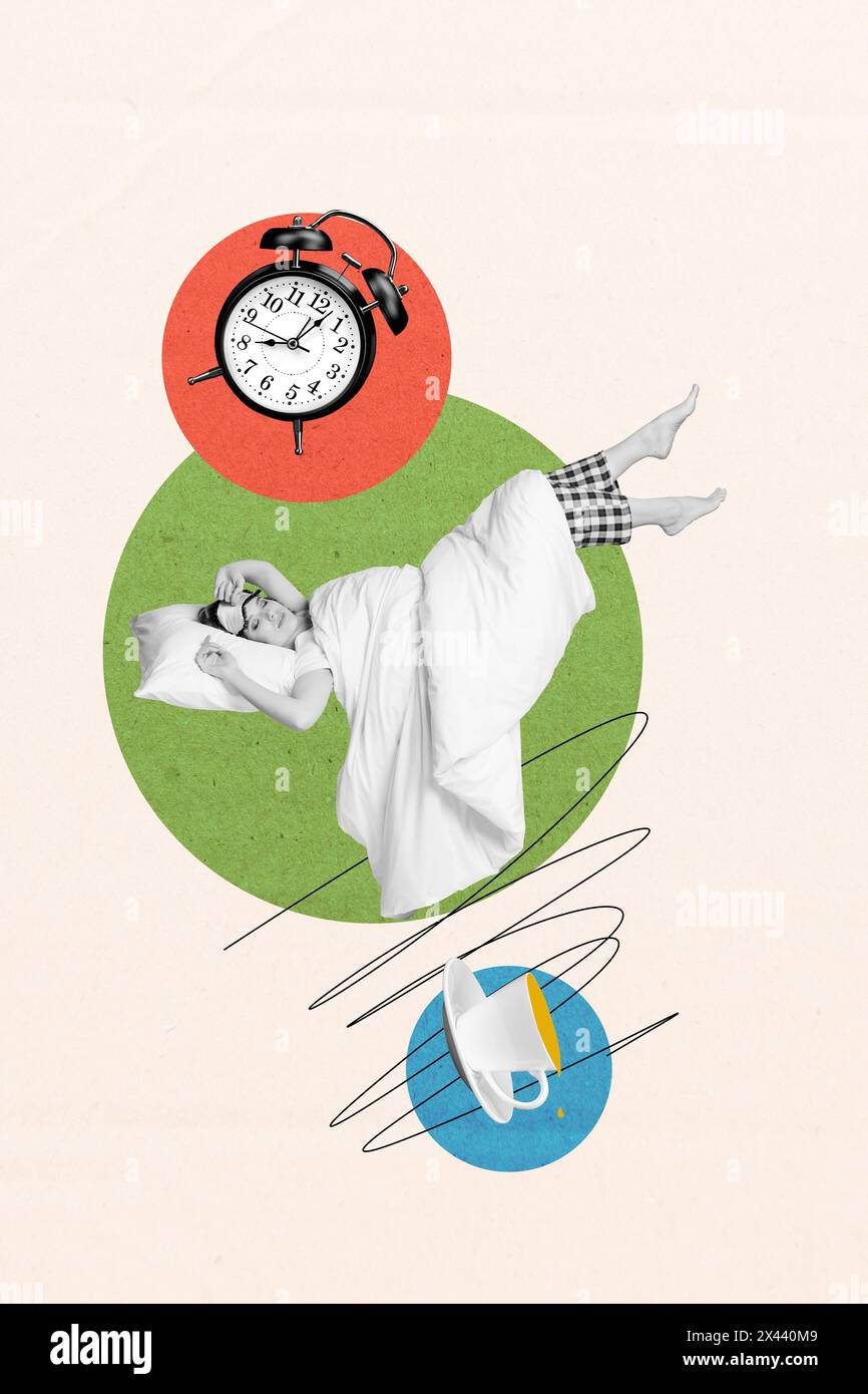 Vertical photo collage picture young cheerful woman sleep daydreaming ...