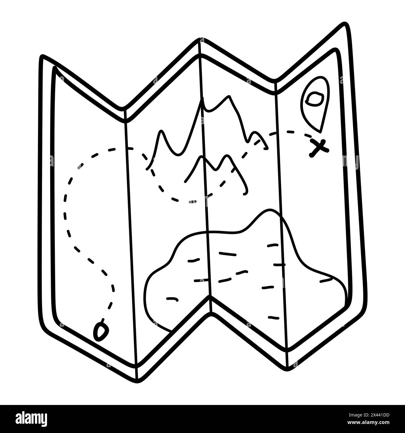 Paper folded Map with a Route editable Doodle hand drawn icon. Map for camping, hiking, local ...