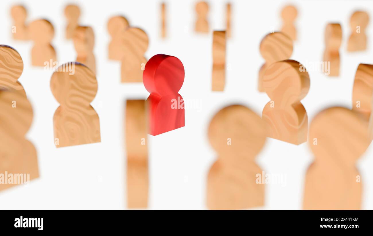3D rendering of red human figurine among wooden figurines. Social ...