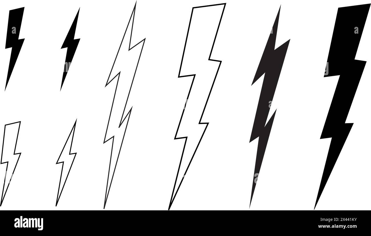 Set of bolt icons. Thunder, electric light flash, battery charging ...