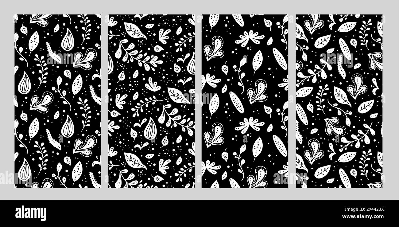 Seamless neo folk art vector patterns set with flowers, black and white ...