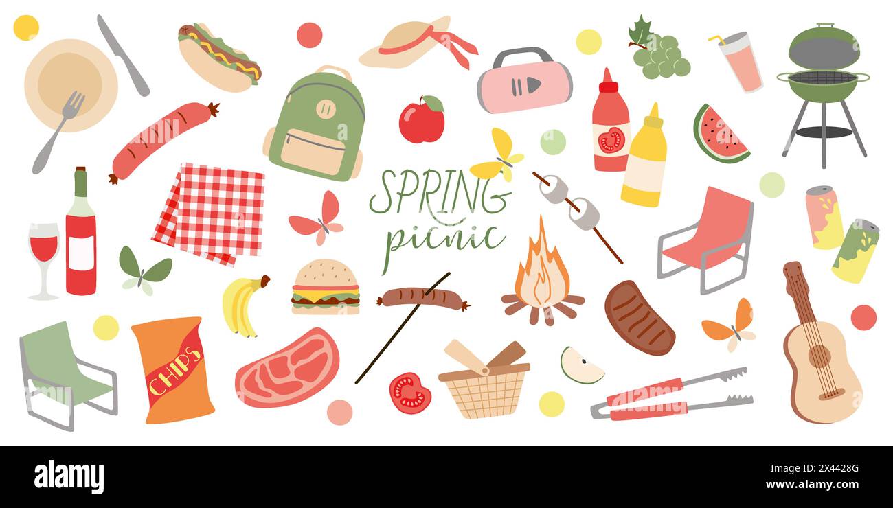 Outdoor elements. Picnic set illustration. Vector Collection of BBQ ...