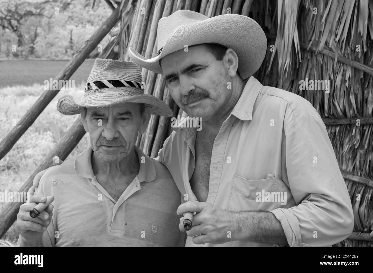 An infrared picture of two Tobacco farm workers smoking cigars outside ...