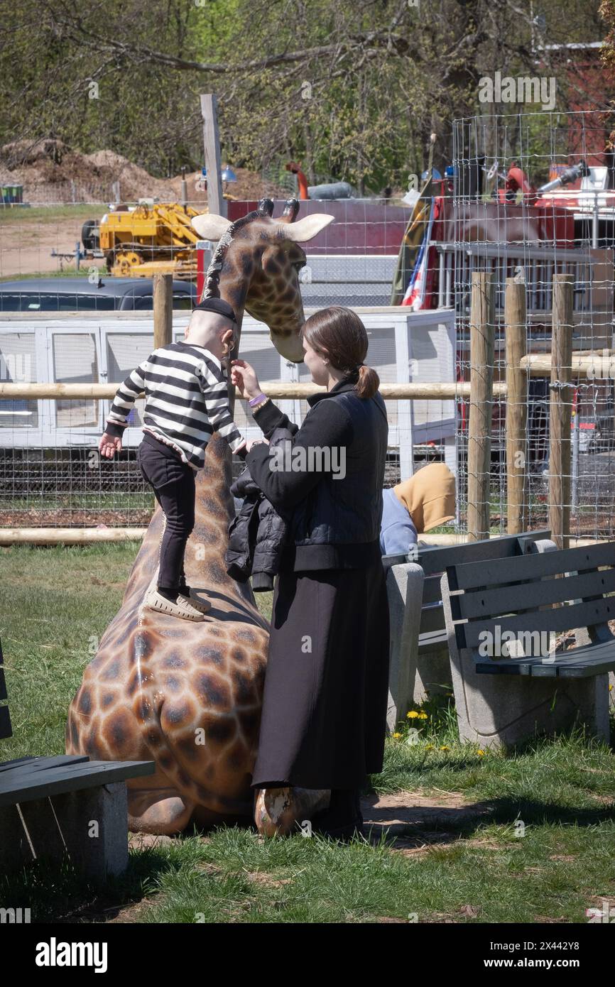 A modestly dressed orthodox Jewish mother helps her son climb on a ...