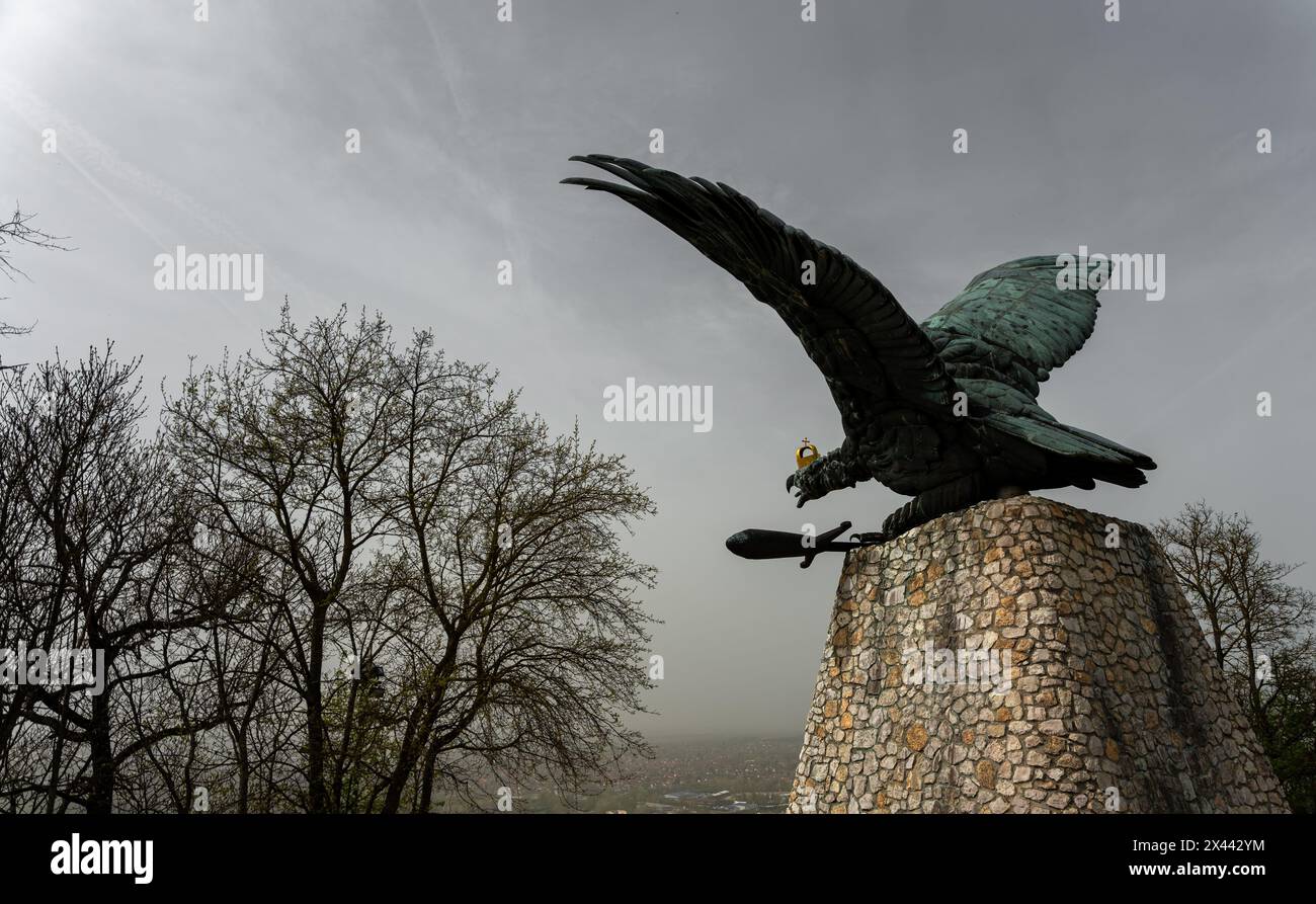 Tatabanya, Hungary - April 1, 2024: Huge turul bird statue in Tatabanya ...