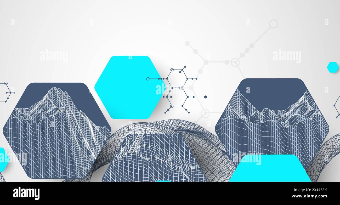 Scientific and technological background. Wireframe wave with hexagons ...
