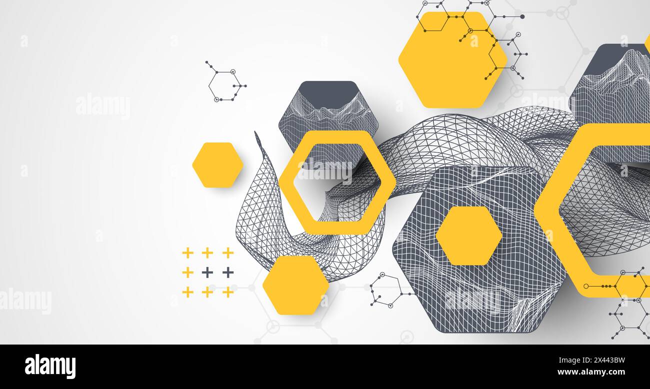 Scientific and technological background. Wireframe wave with hexagons ...