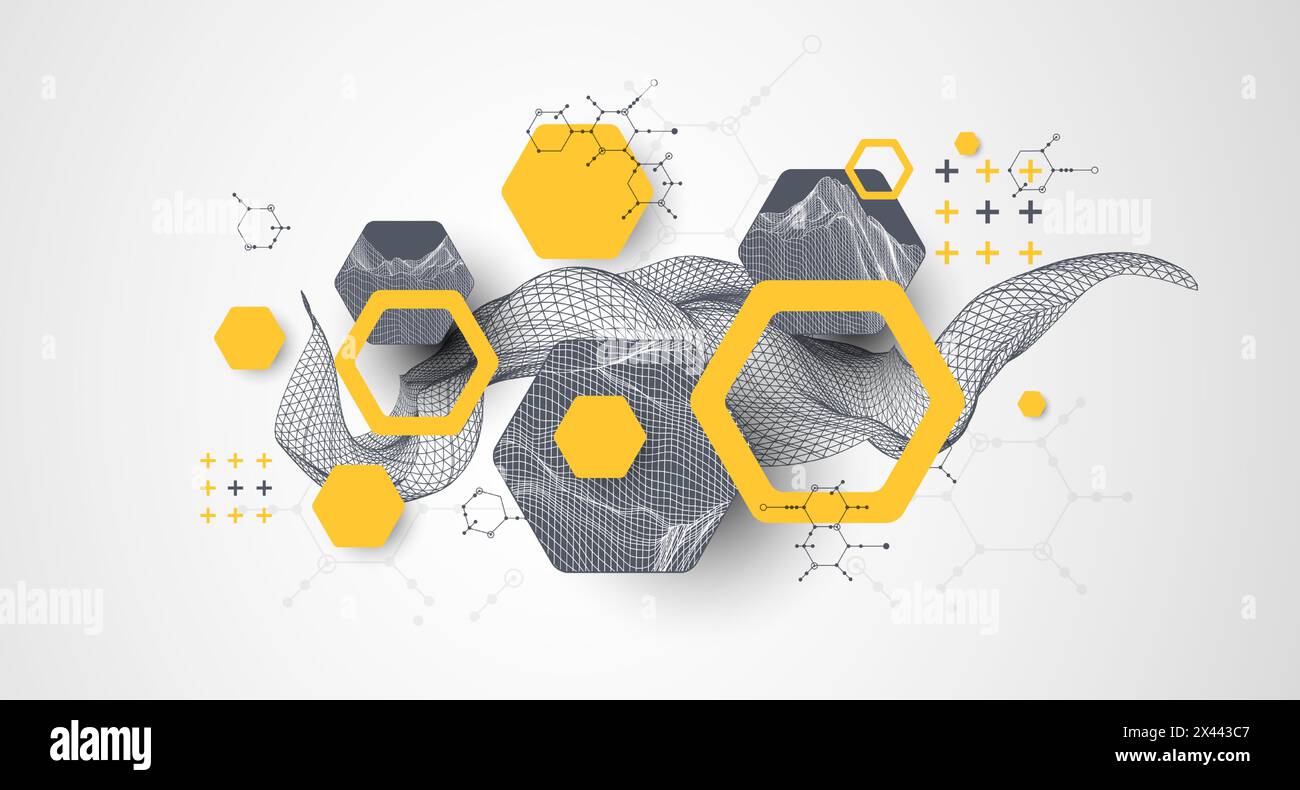 Scientific and technological background. Wireframe wave with hexagons ...