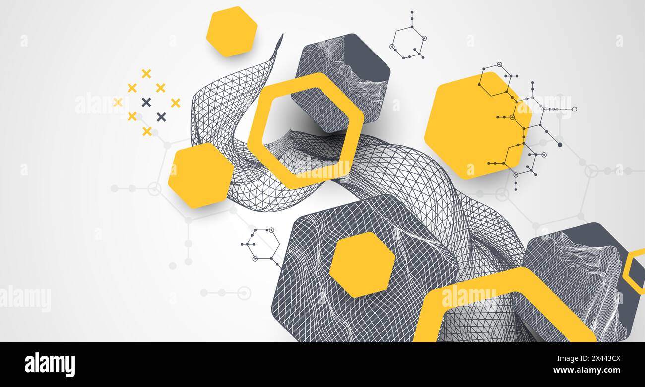 Scientific and technological background. Wireframe wave with hexagons ...