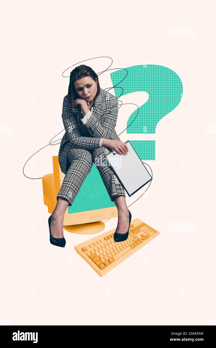 Vertical photo collage of sad girl sit computer monitor screen keyboard ...