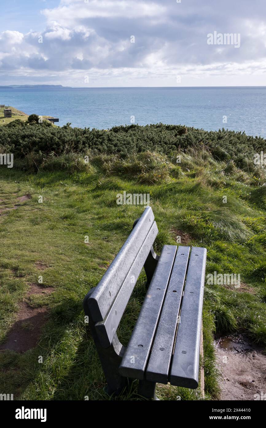 Portpatrick bench on cliff near sea, Dumfries and Galloway, Scotland ...
