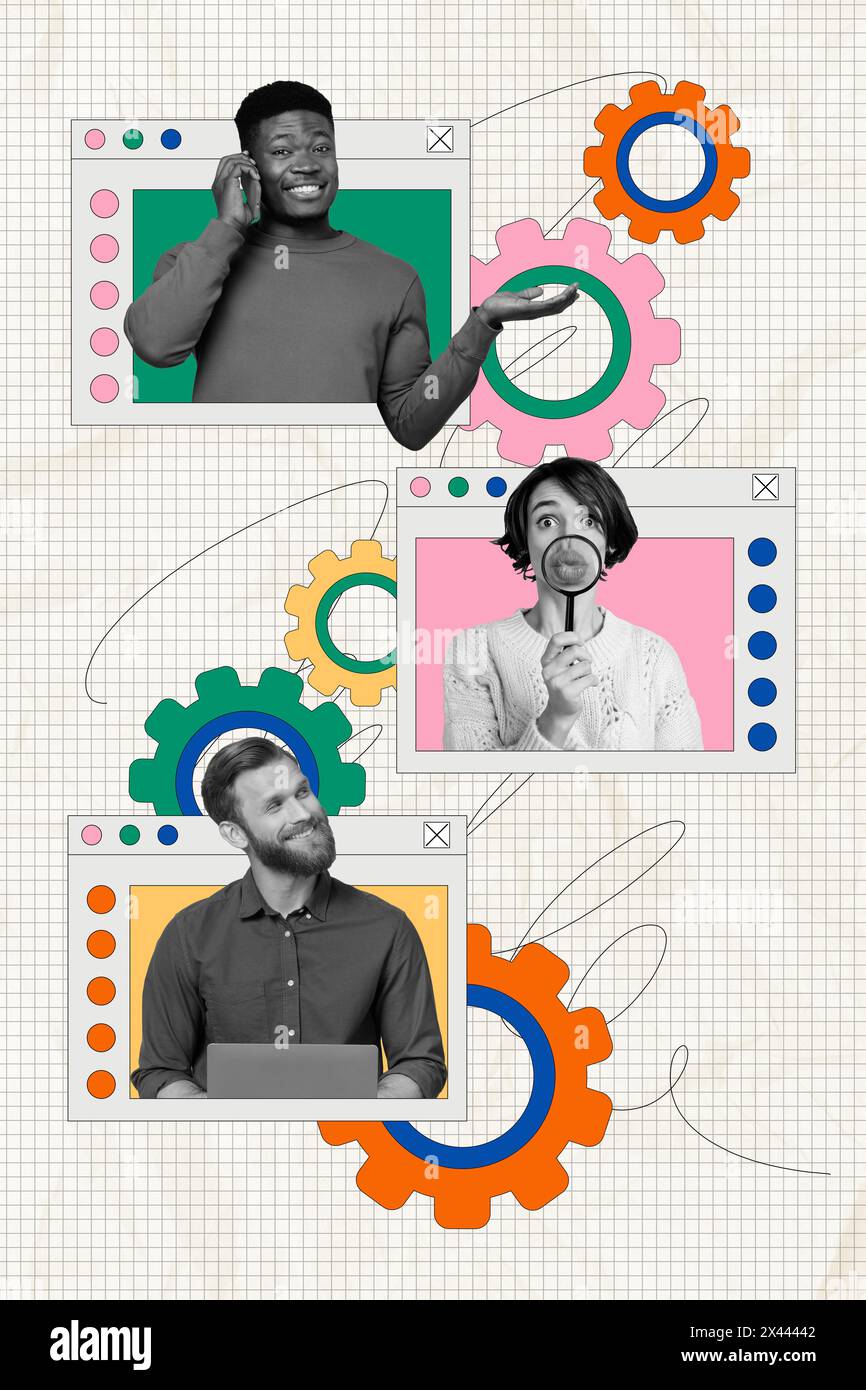 Vertical photo collage of funny colleagues work process tab icons ...