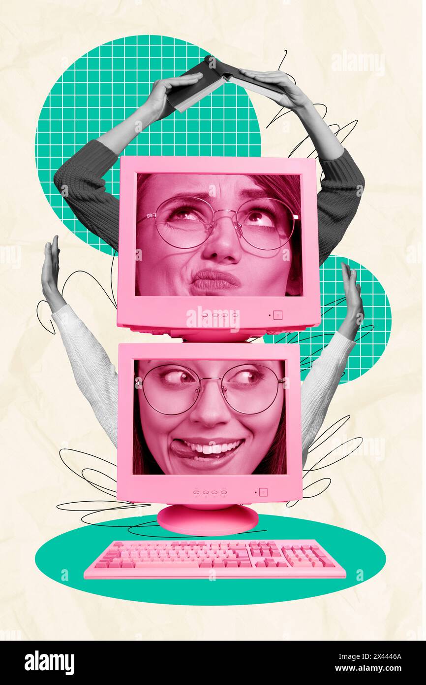 Vertical picture collage young woman faces excited interested ...