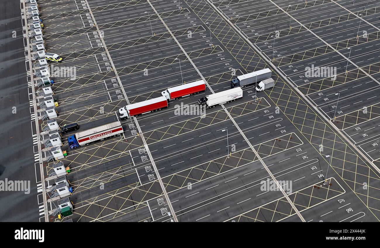 Lorries at the Sevington Inland Border Facility in Ashford, Kent, as ...