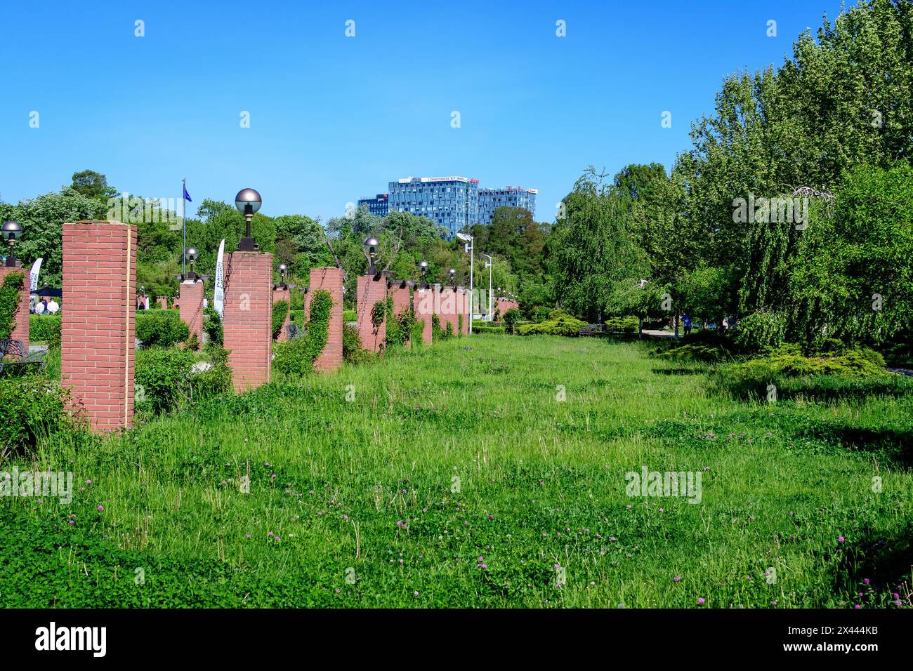 Bucharest, Romania - 9 May 2021: Landscape with grass, roses and large ...