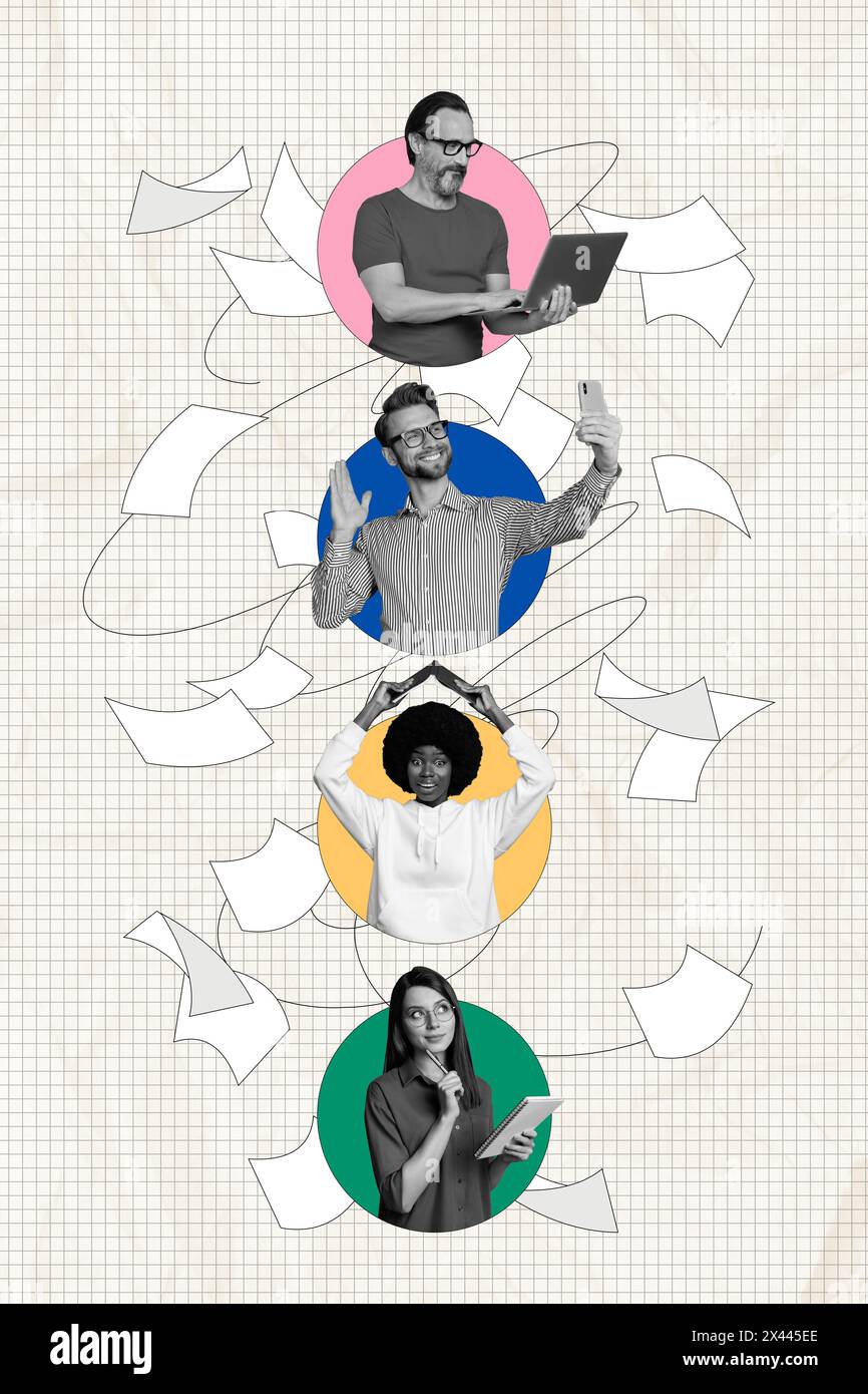 Vertical collage picture people colleagues working video conference ...