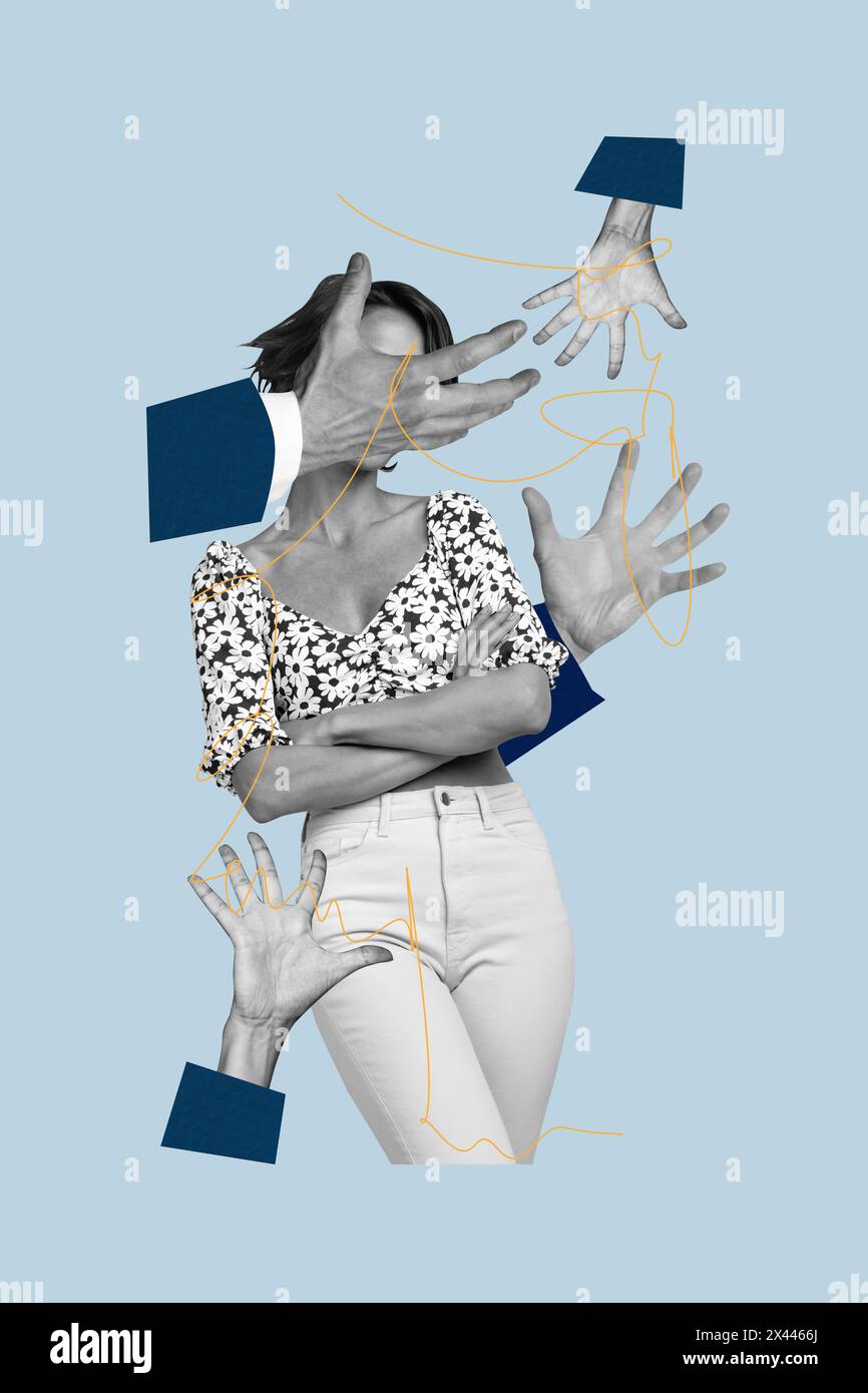 Vertical collage picture woman suffer victim hands physical harassment ...
