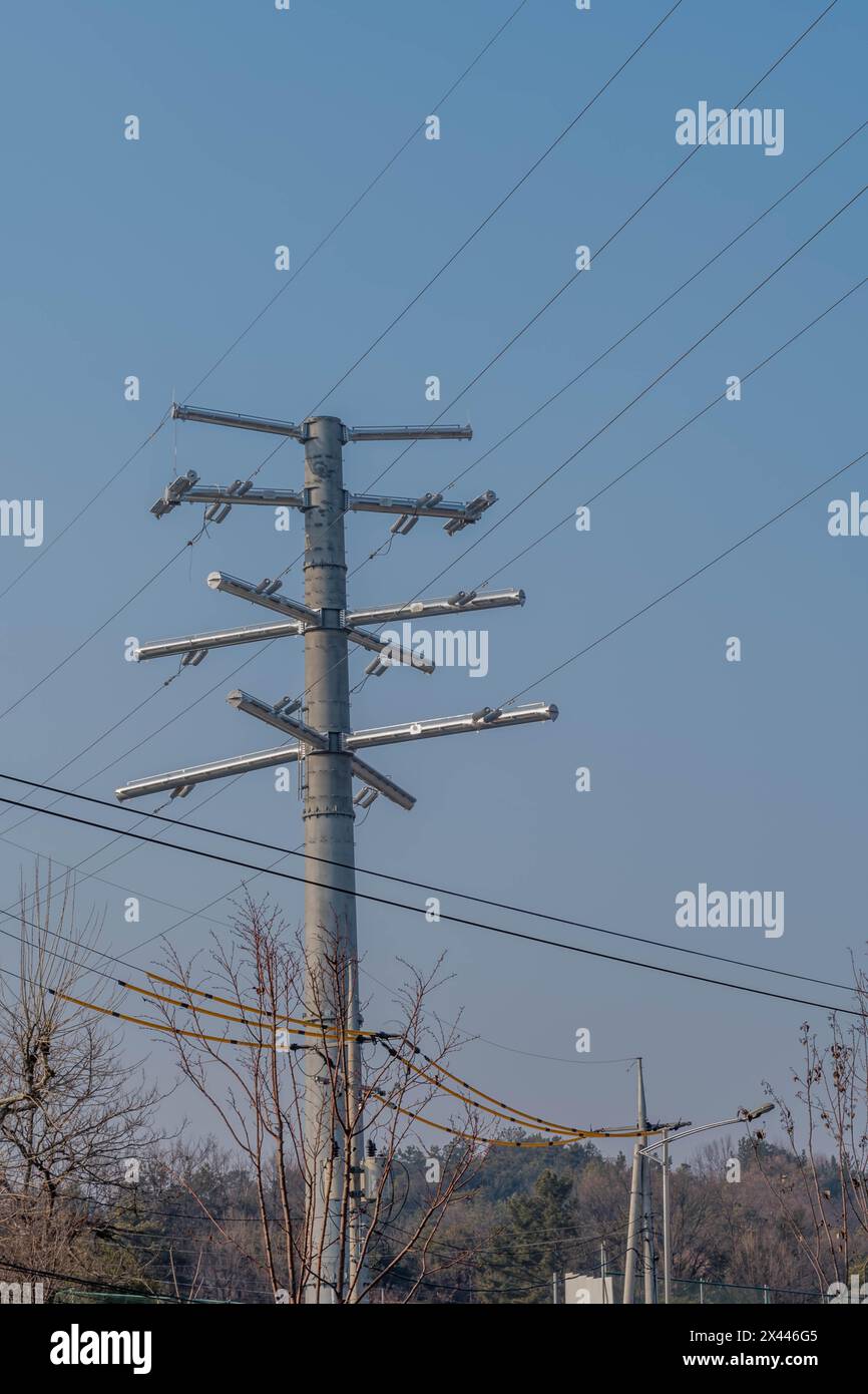 Closeup of large futuristic looking cable transition electrical tower ...