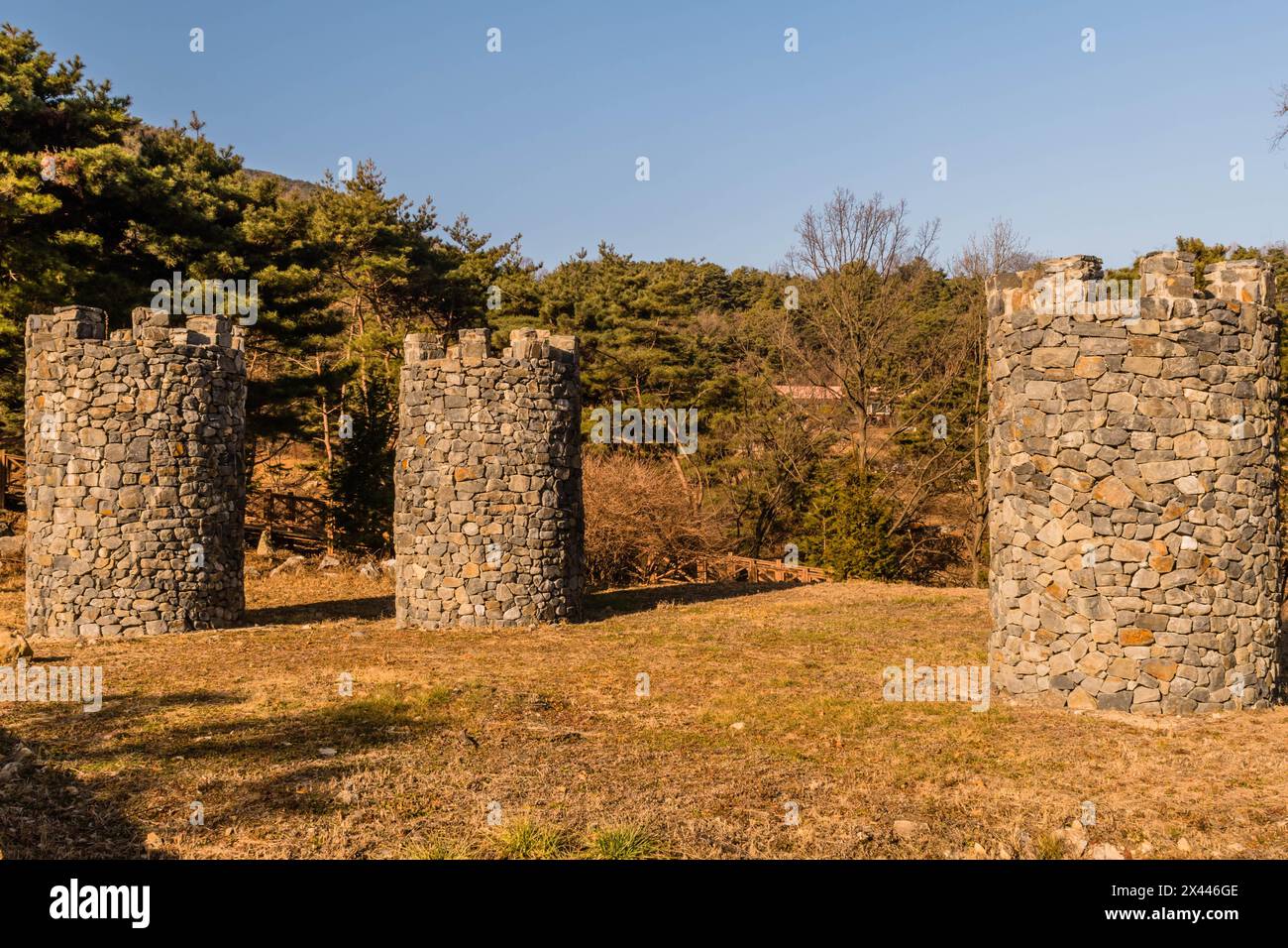 Three stone structures resembling castle towers at public mountain park ...