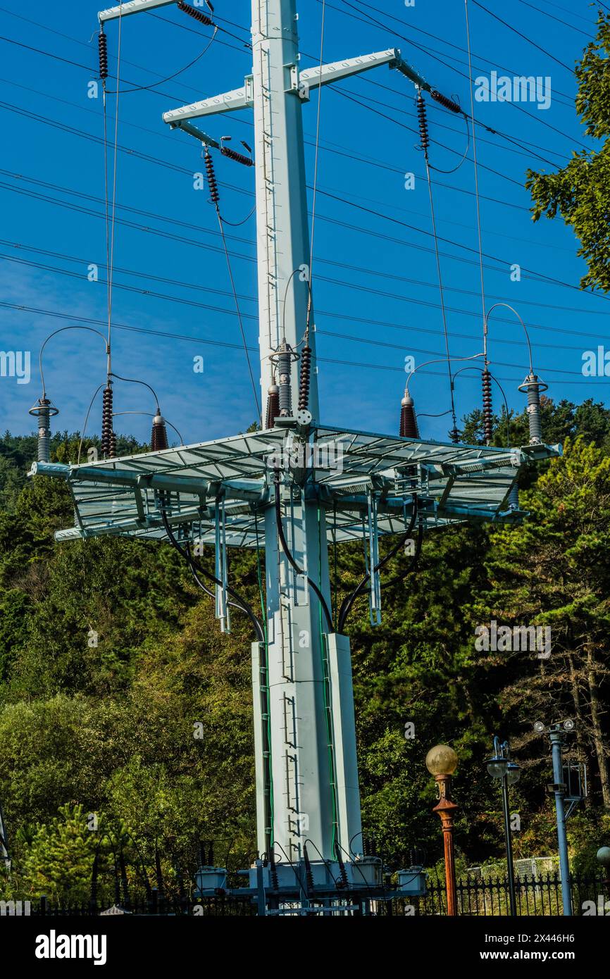Large electrical tower with a steel wire platform located in densely ...