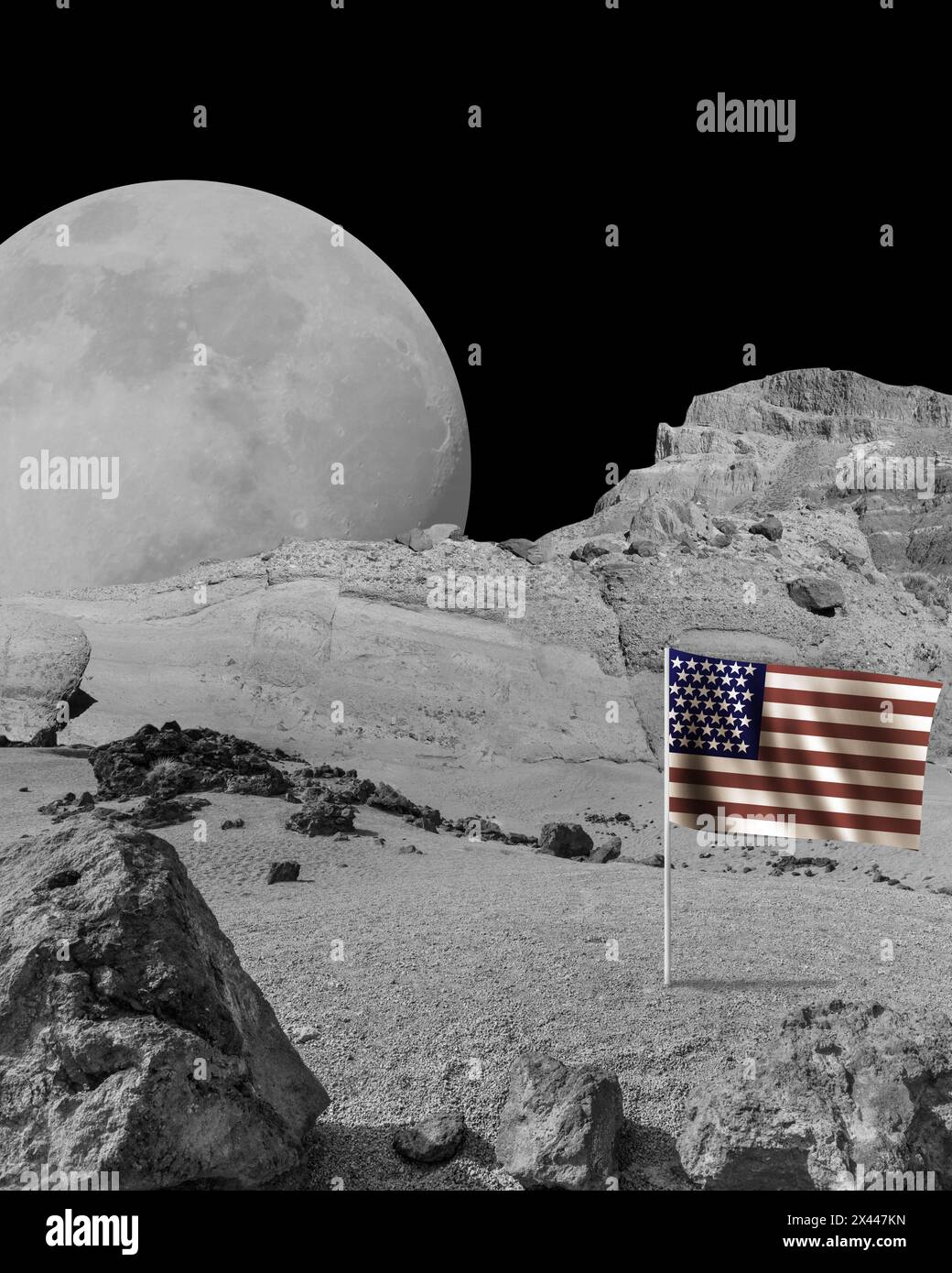 Flag of USA on stone space planet landscape. Elements of this image ...