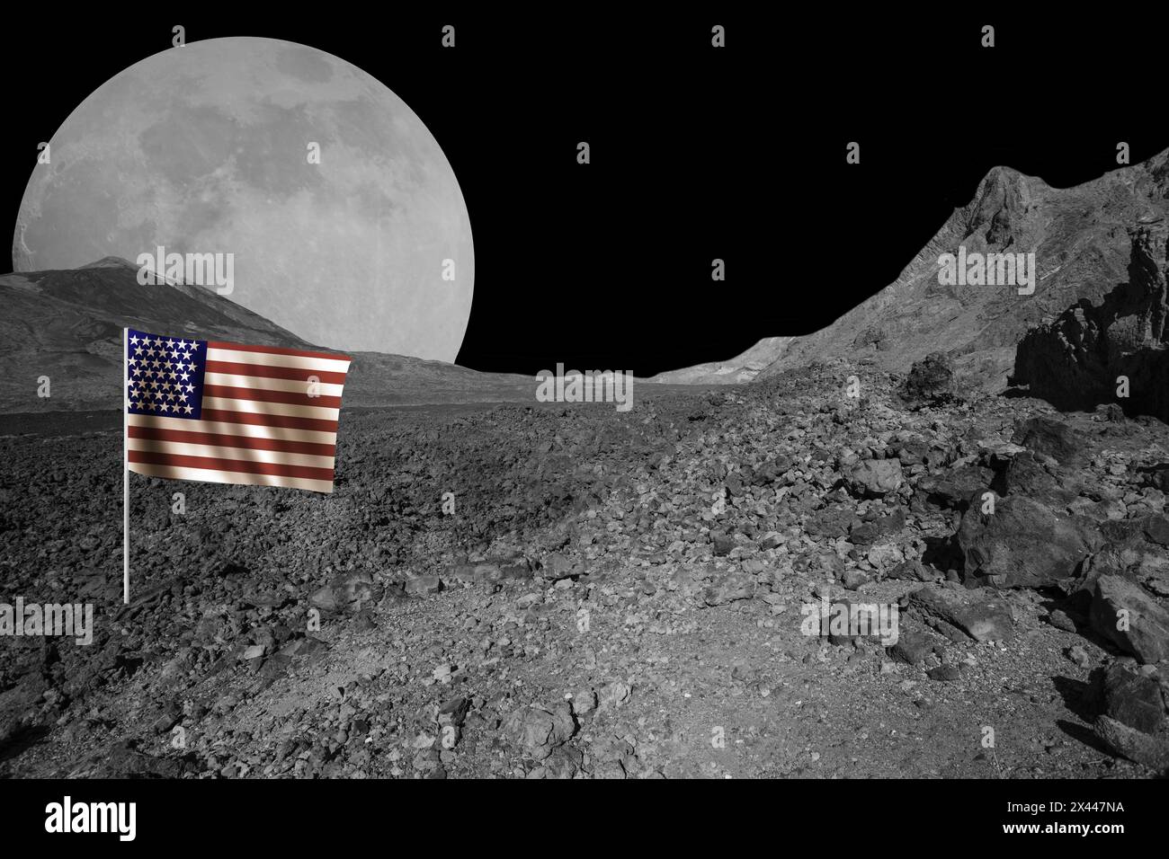 Cosmic surface of planet or asteroid landscape flag of USA. Elements of ...
