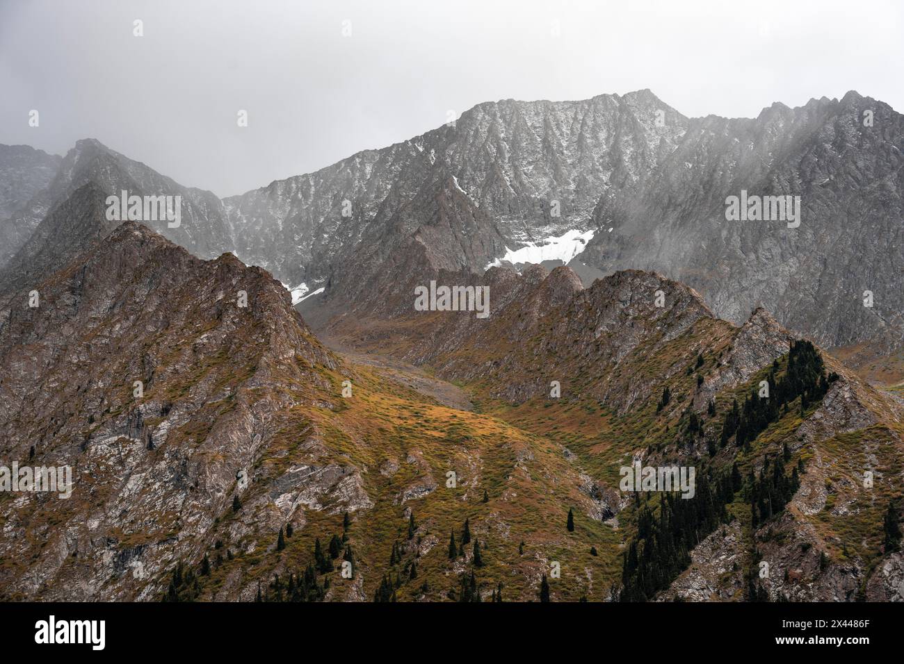 Snow and rocks, mountain valley, Chong Kyzyl Suu Valley, Terskey Ala ...