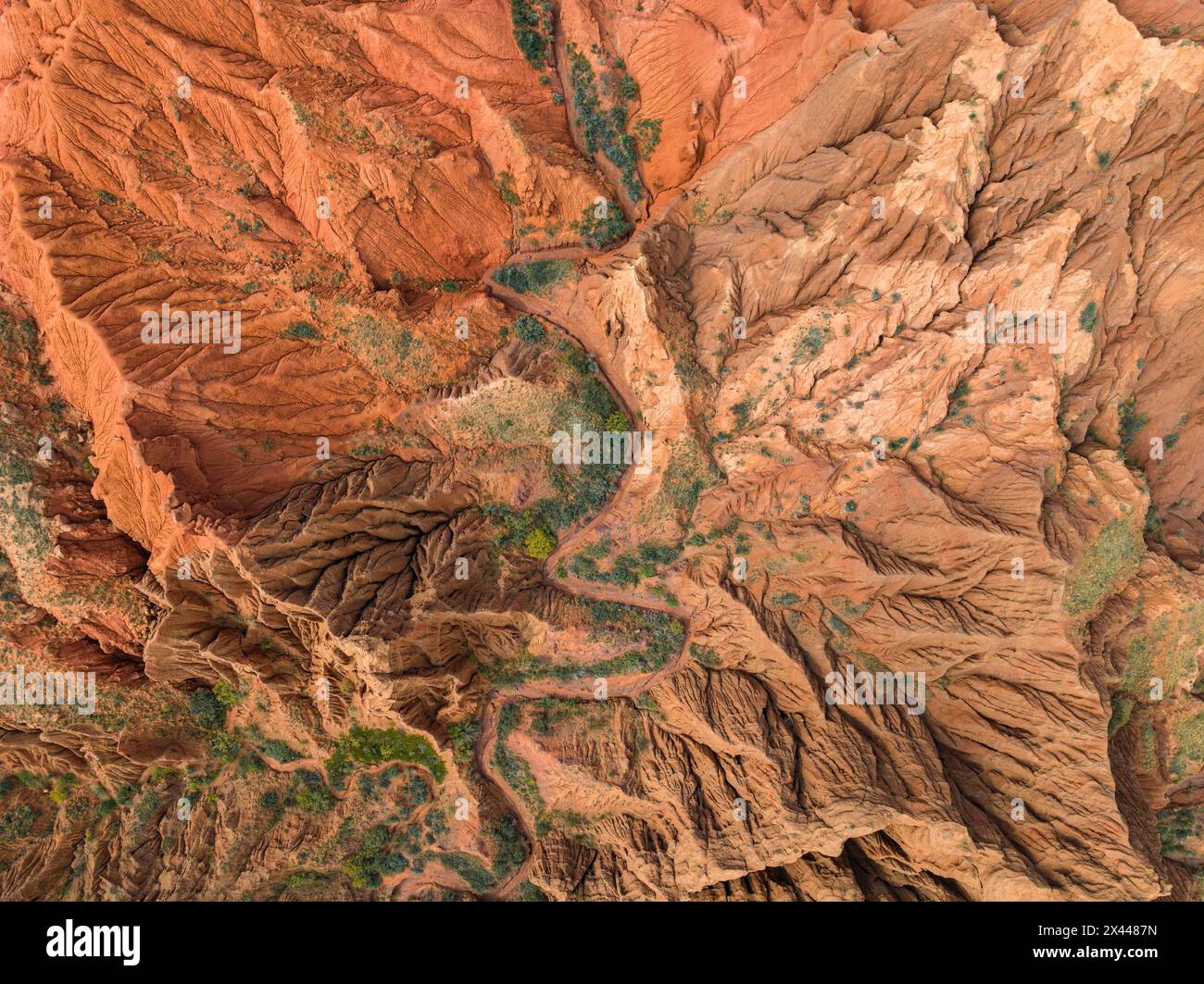 Top Down View, Badlands, river in a gorge with eroded red sandstone ...