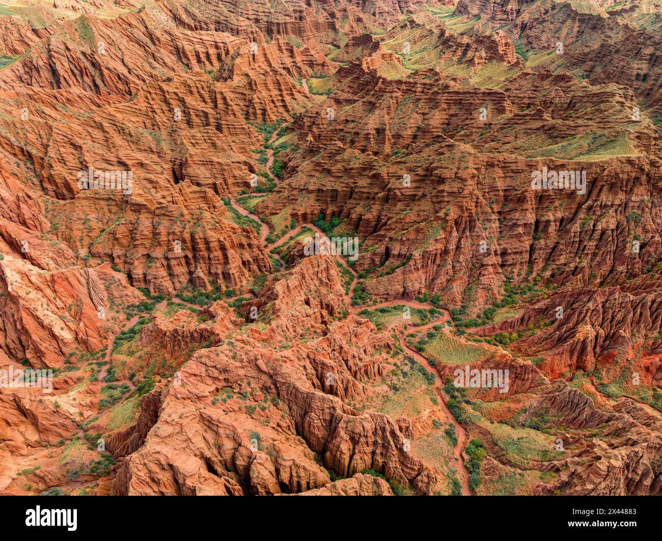 Badlands, river in a gorge with eroded red sandstone rocks, Konorchek ...