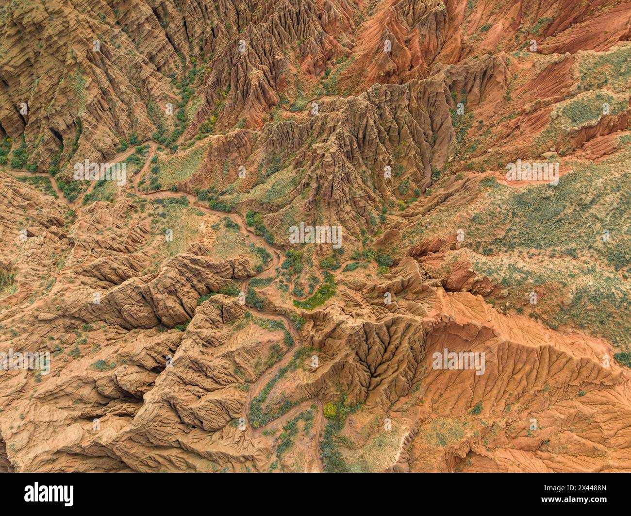 Top down view, gorge with eroded red sandstone rocks, Konorchek Canyon ...