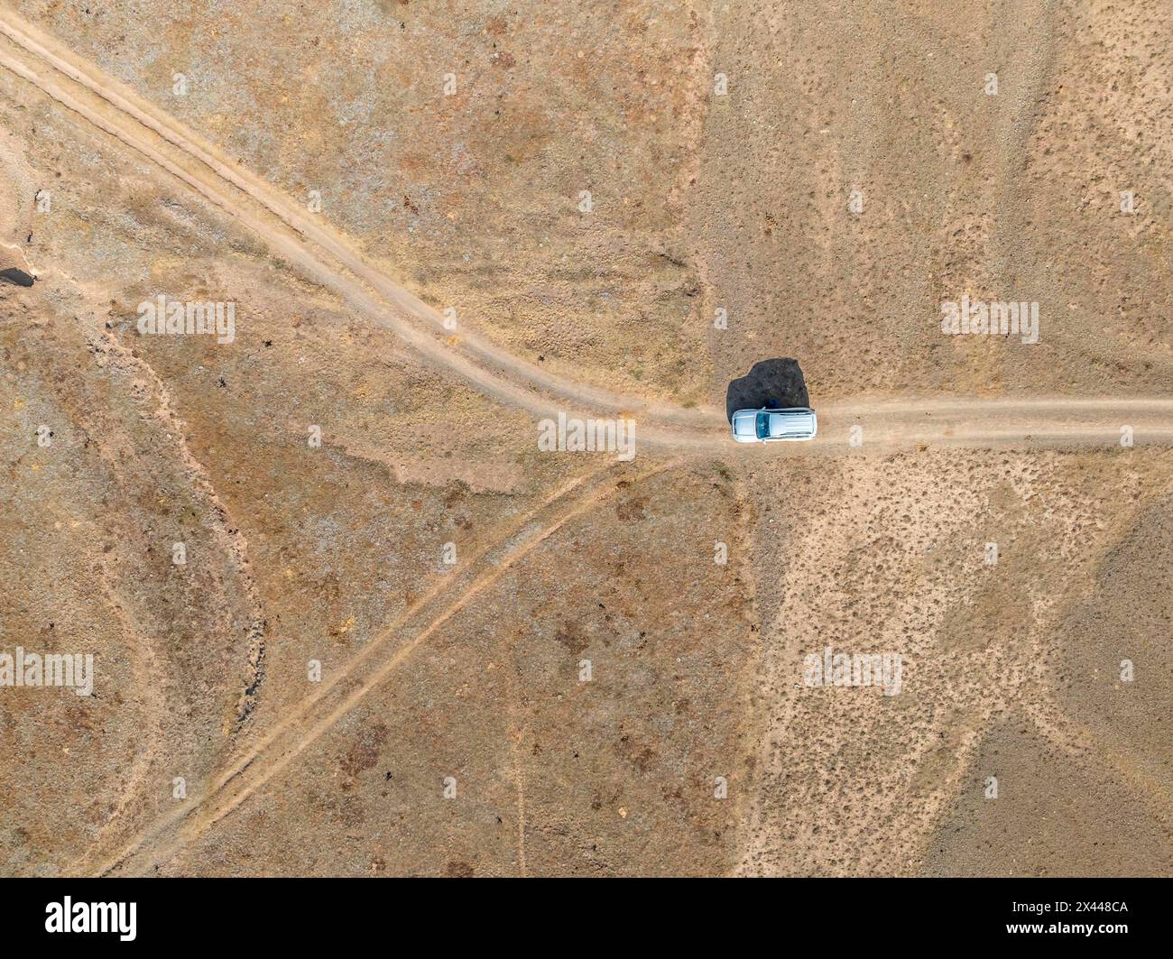 Aerial view, Vast empty landscape, Road and off-road vehicle, Top down ...