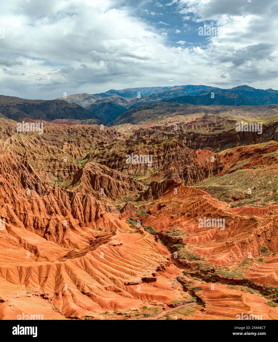 Badlands, gorges and mountains, eroded red sandstone cliffs, Konorchek ...