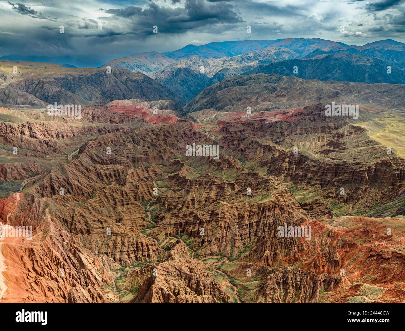 Badlands, gorges and mountains, eroded red sandstone cliffs, Konorchek ...