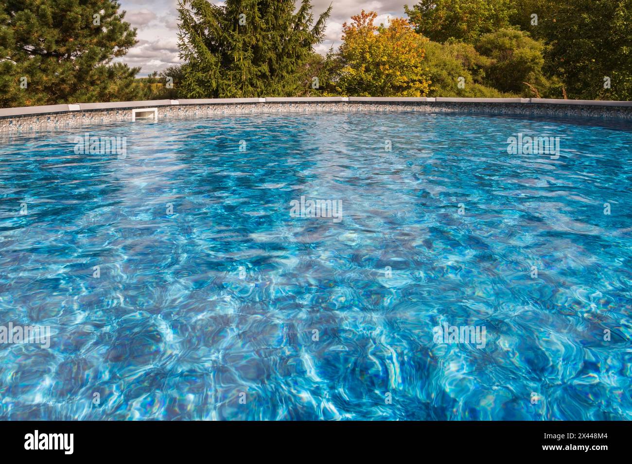 Above ground swimming pool surrounded by deciduous trees in residential ...