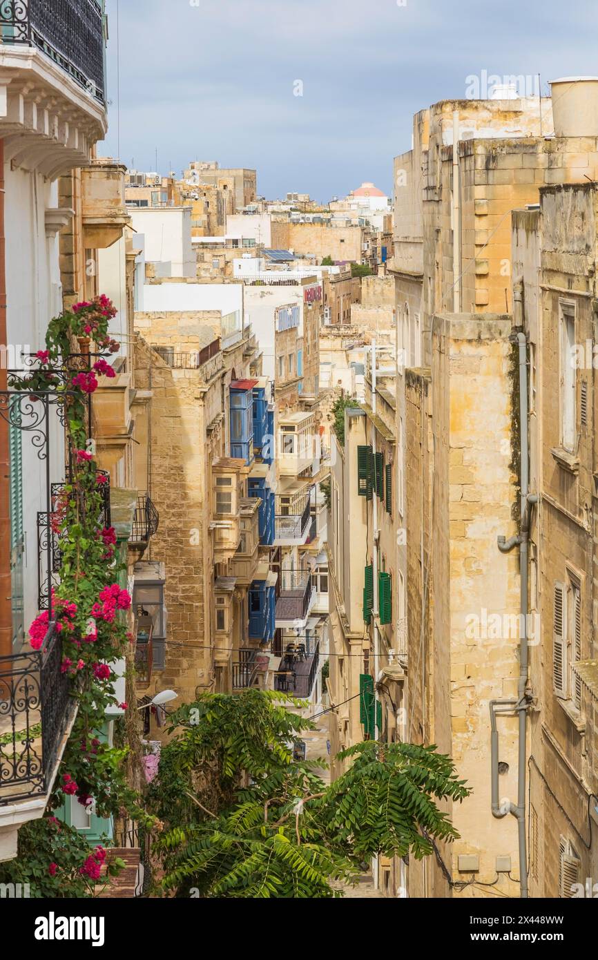 Old architectural apartment buildings with Maltese balconies, Valletta ...