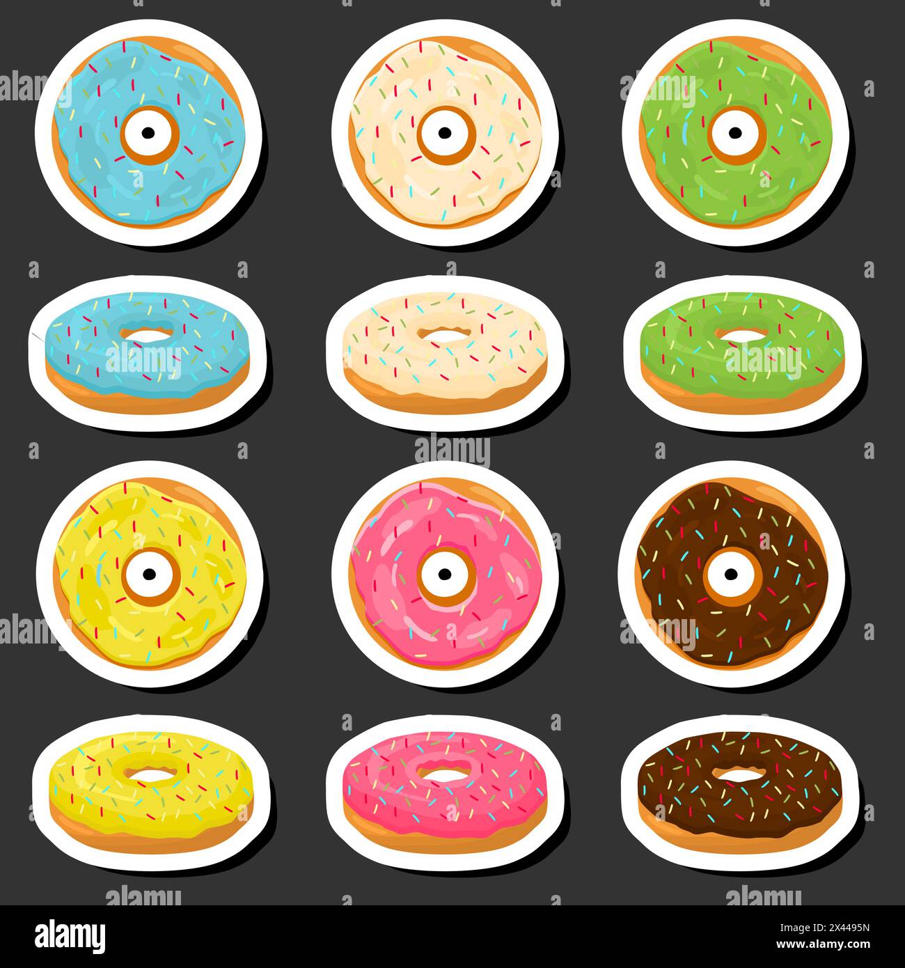 Illustration on theme big set different types sticky donuts, sweet ...