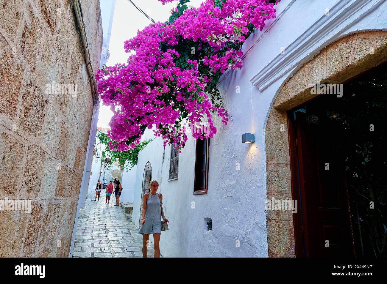 Narrow alley with flowering plants in a traditional Greek village ...