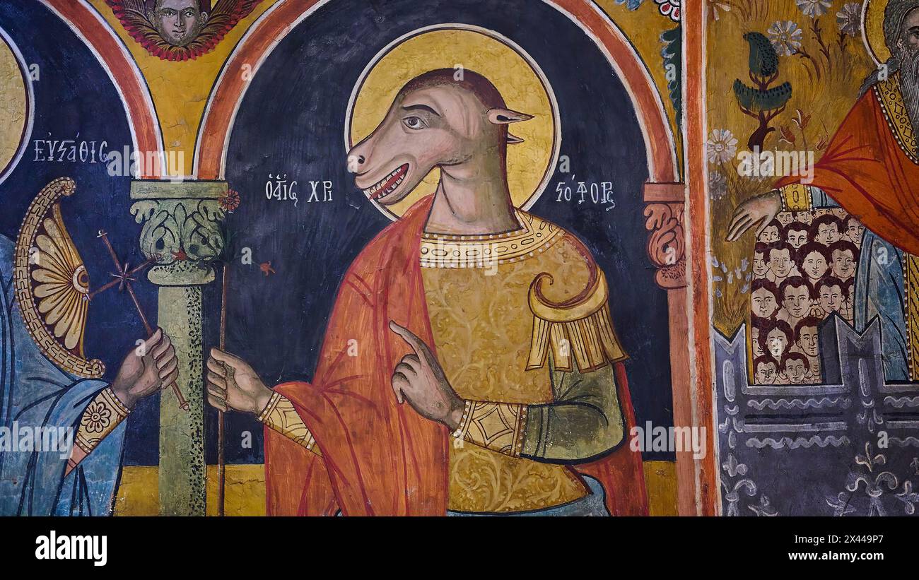 St Christopher with dog's head, church fresco with an animal-shaped ...