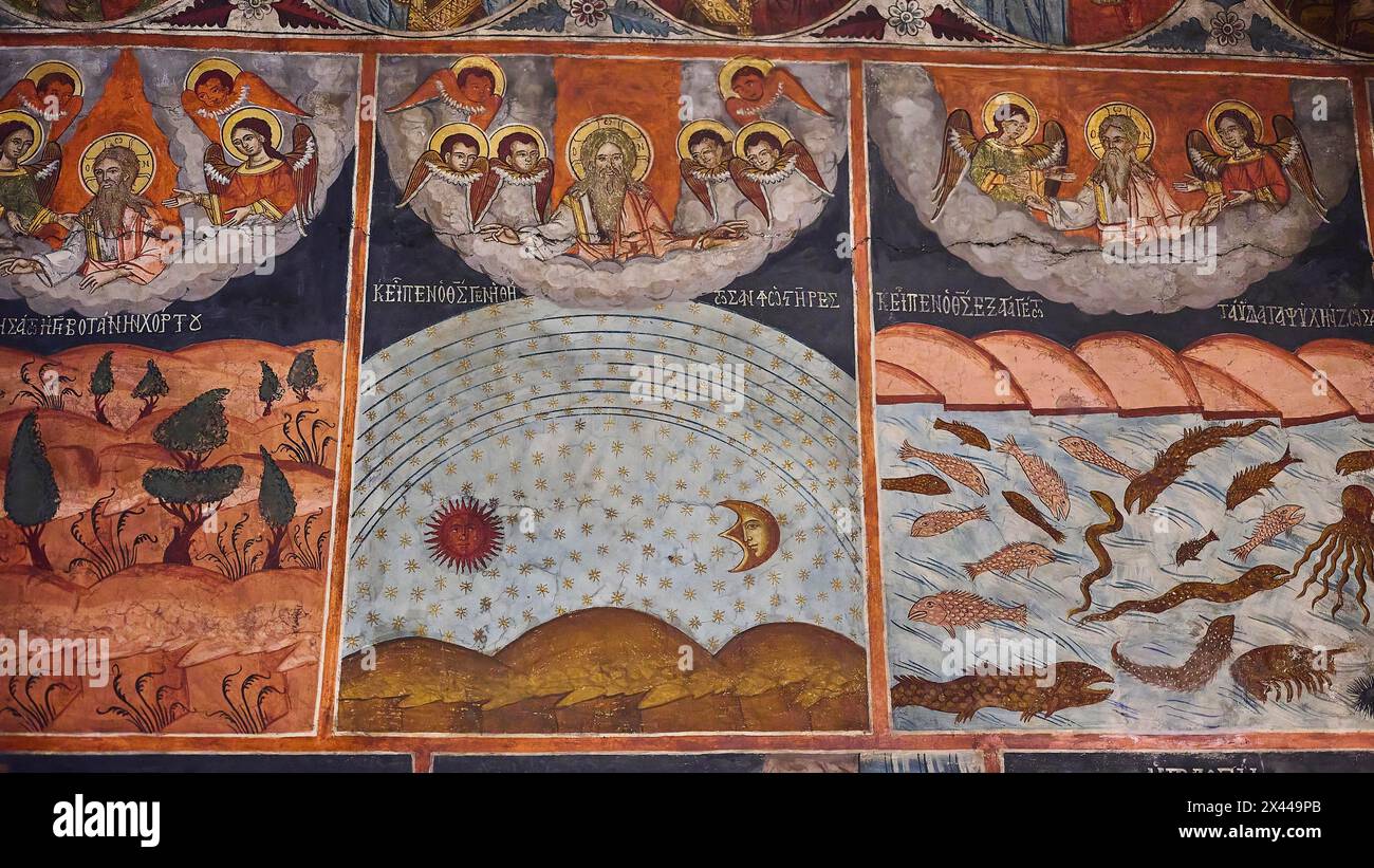 Fresco with scenes from the Christian creation story, including the sun ...