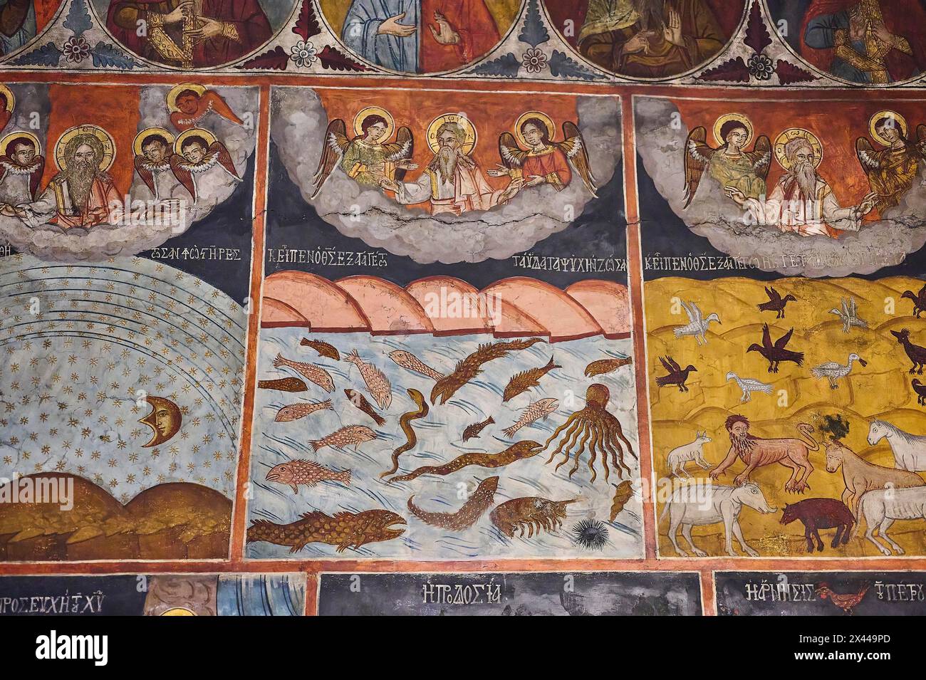 Church fresco decorates the wall with scenes from the sea and the sky ...