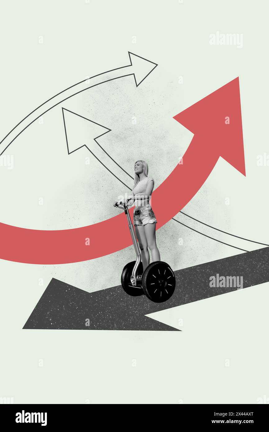 Creative trend collage of young female ride segway walk arrow point up ...