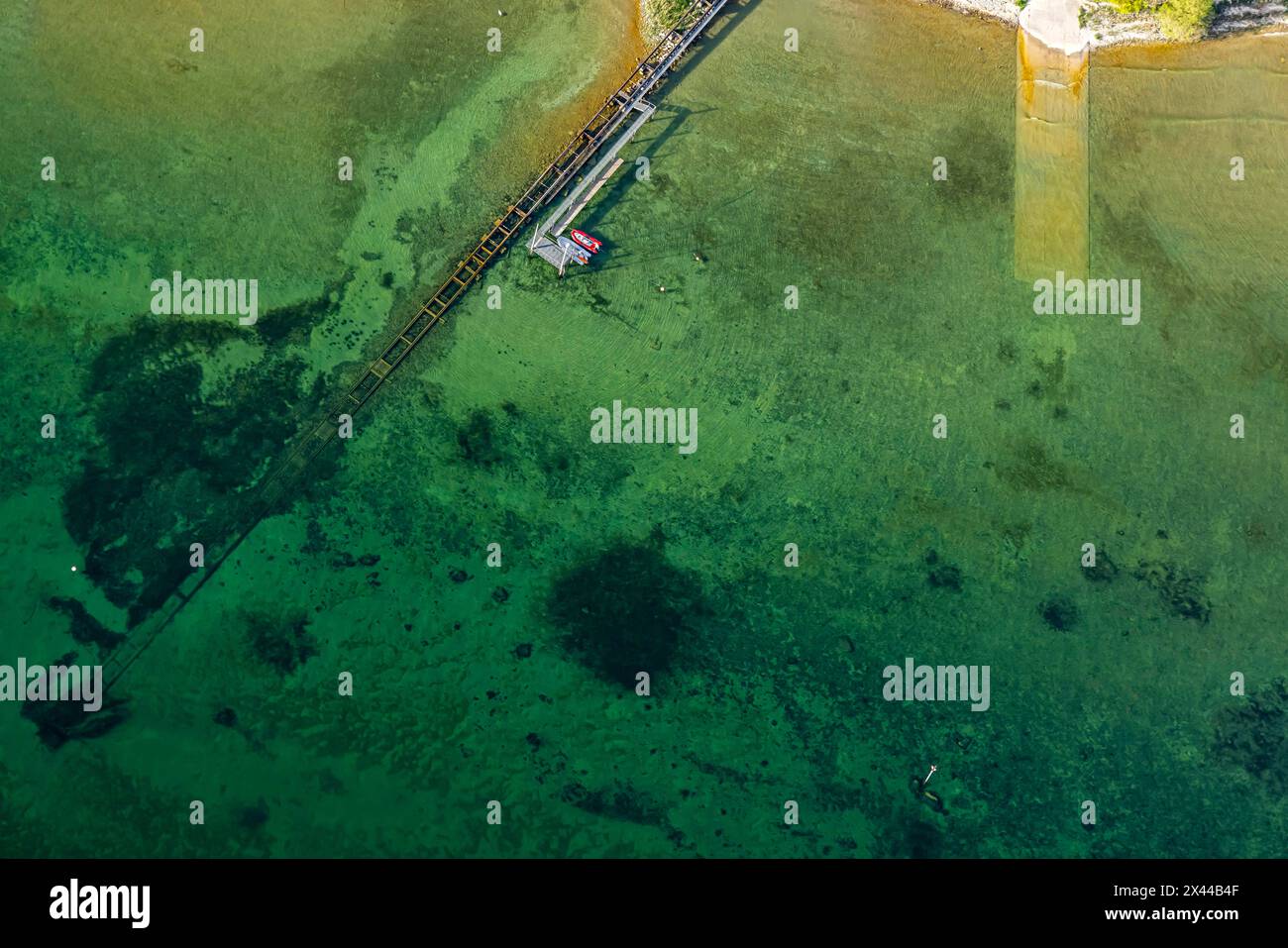 Flight in a zeppelin along the shore of Lake Constance, aerial view ...