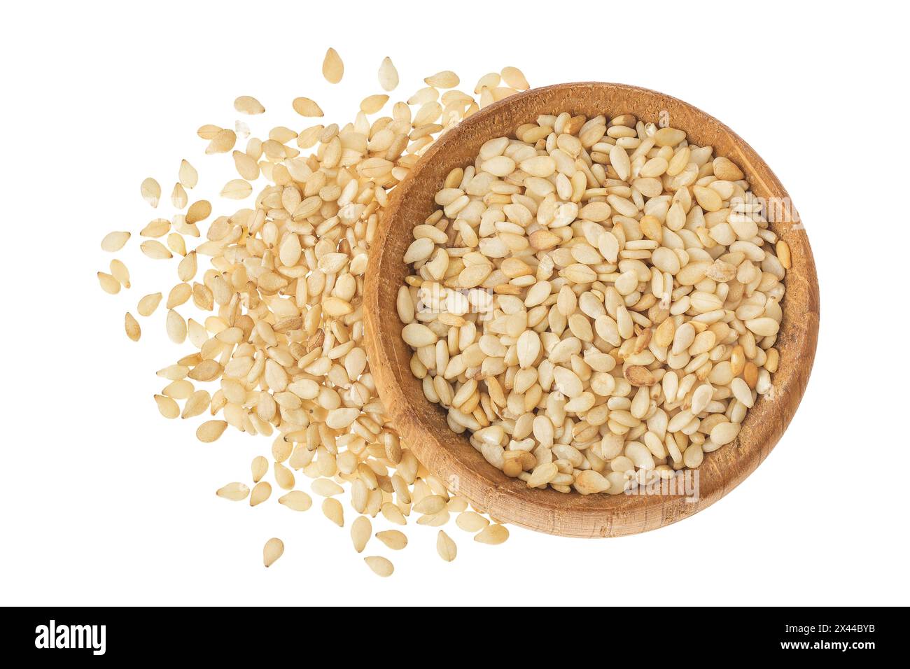 Sesame seeds in wooden bowl isolated on white background. Top view ...