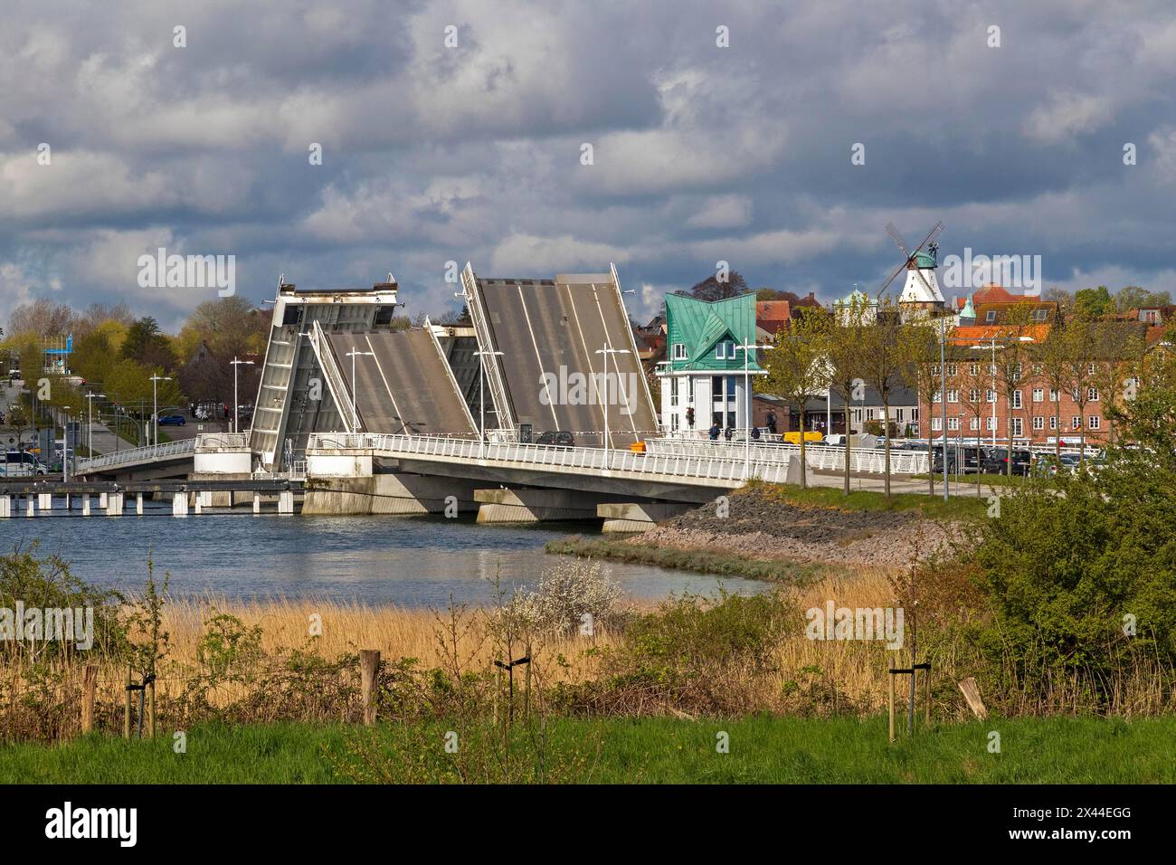 Bascule bridge is opened, Kappeln, Schlei, Schleswig-Holstein, Germany ...