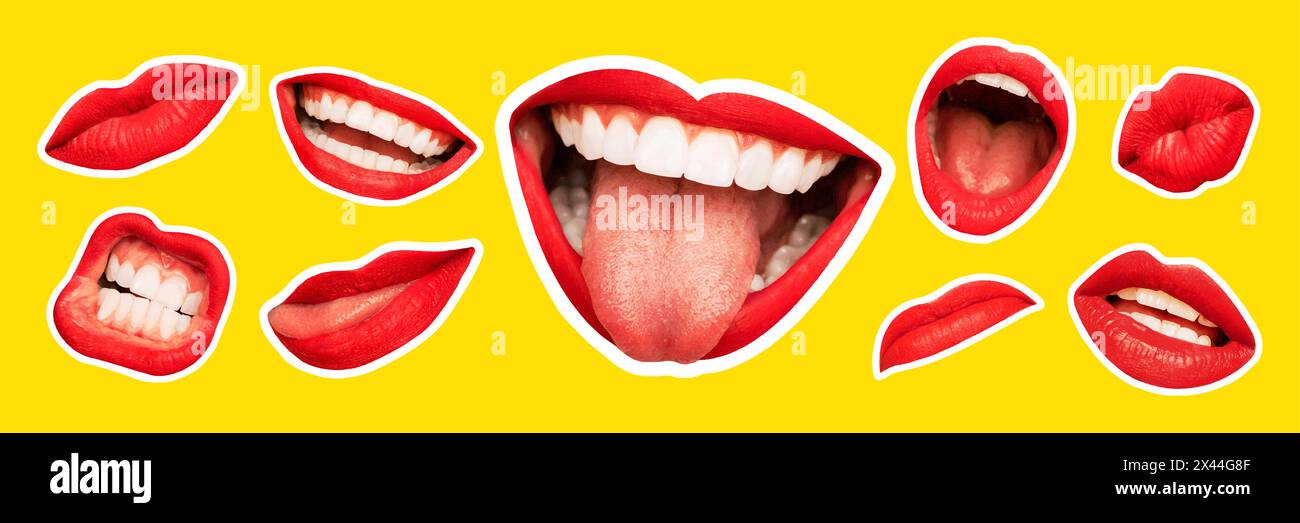 Vector illustration. Magazine style collage with female lips on bright ...