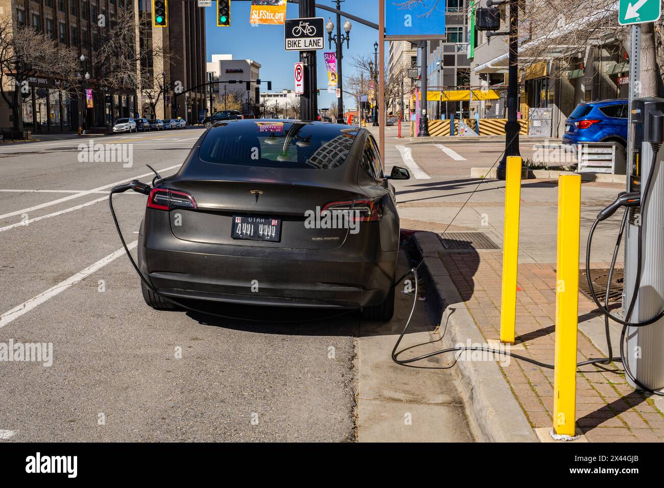 Salt Lake City, UT, US-March 17, 2024: Tesla electric vehicle charging ...